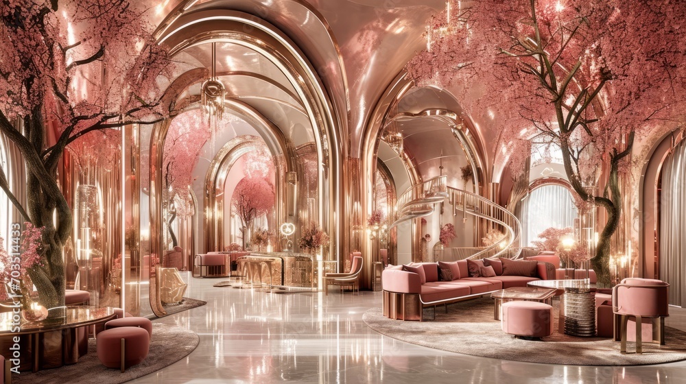 Opulent hotel lobby with rose-colored blossoms, reflective marble ...