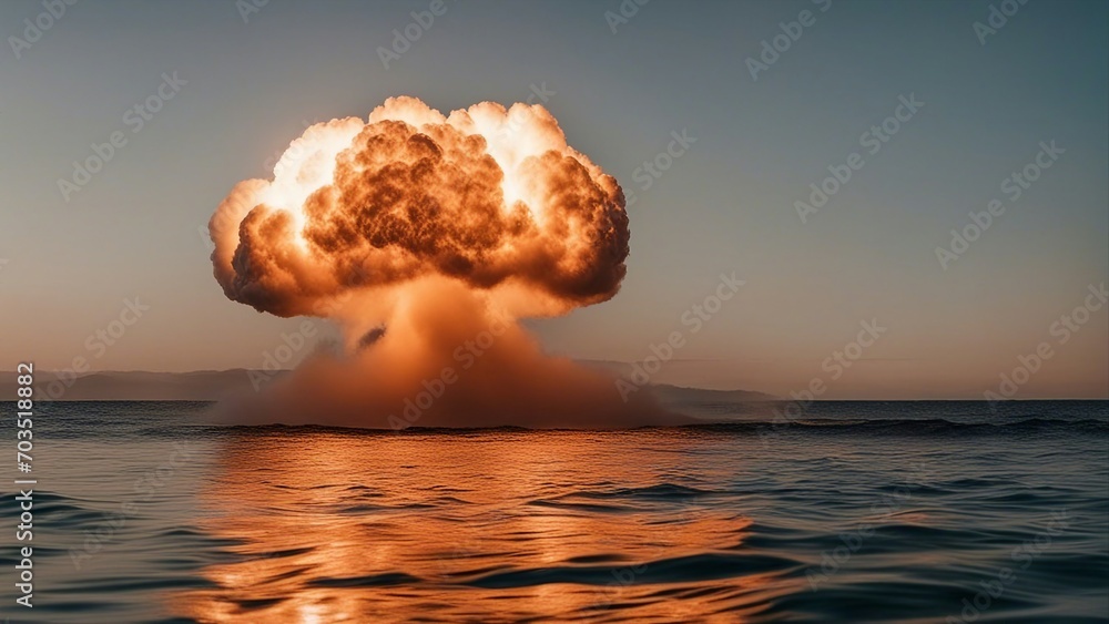 explosion in the water A detonation of a nuclear bomb underwater, causing a massive plume of ...