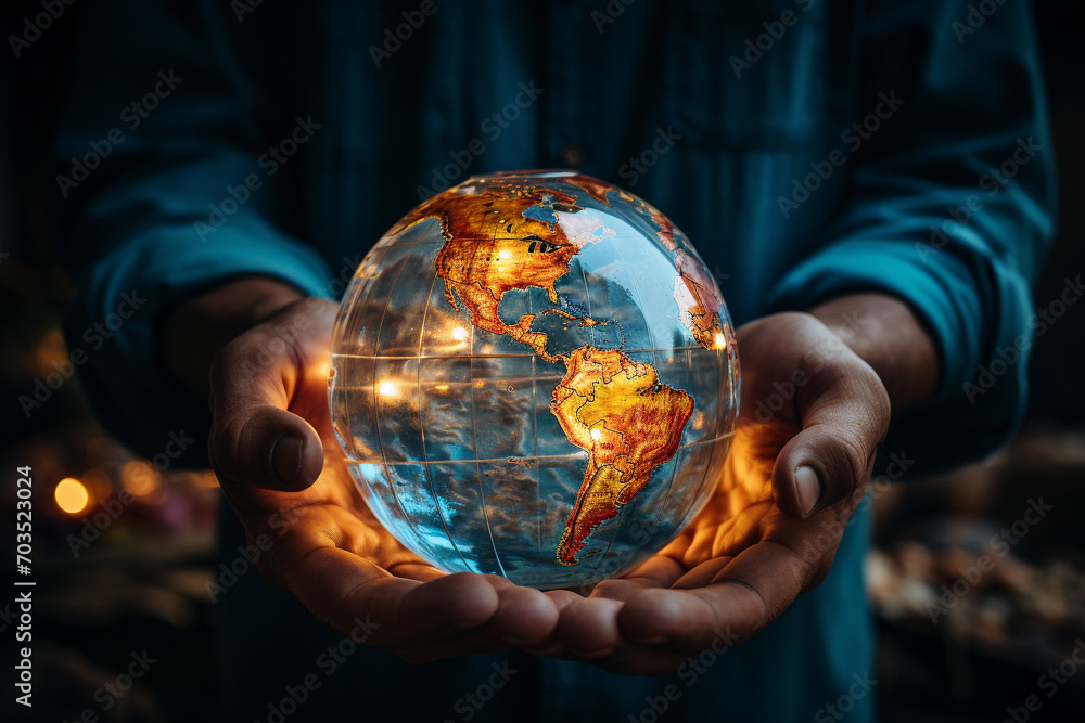 Global network concept. Man holding earth globe model in his hands ...