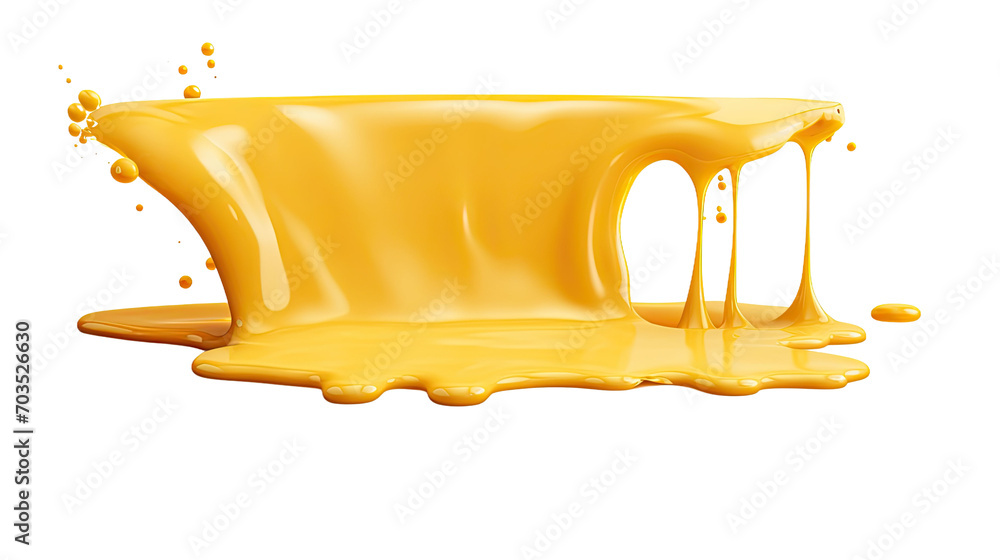 Melting cheese runs from top to bottom, golden yellow, isolated a ...