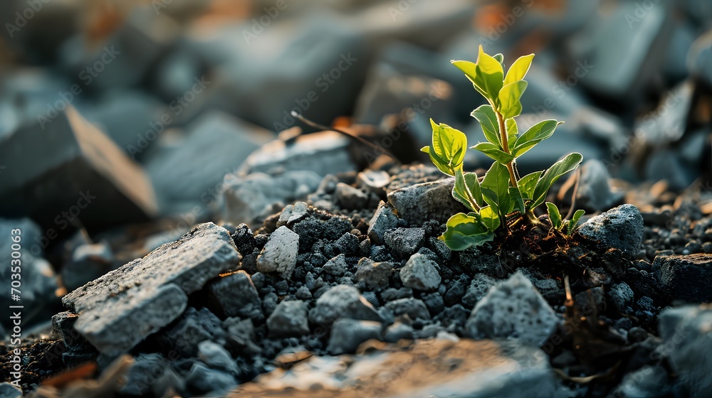 A resilient small green plant with fresh leaves sprouting from a pile ...