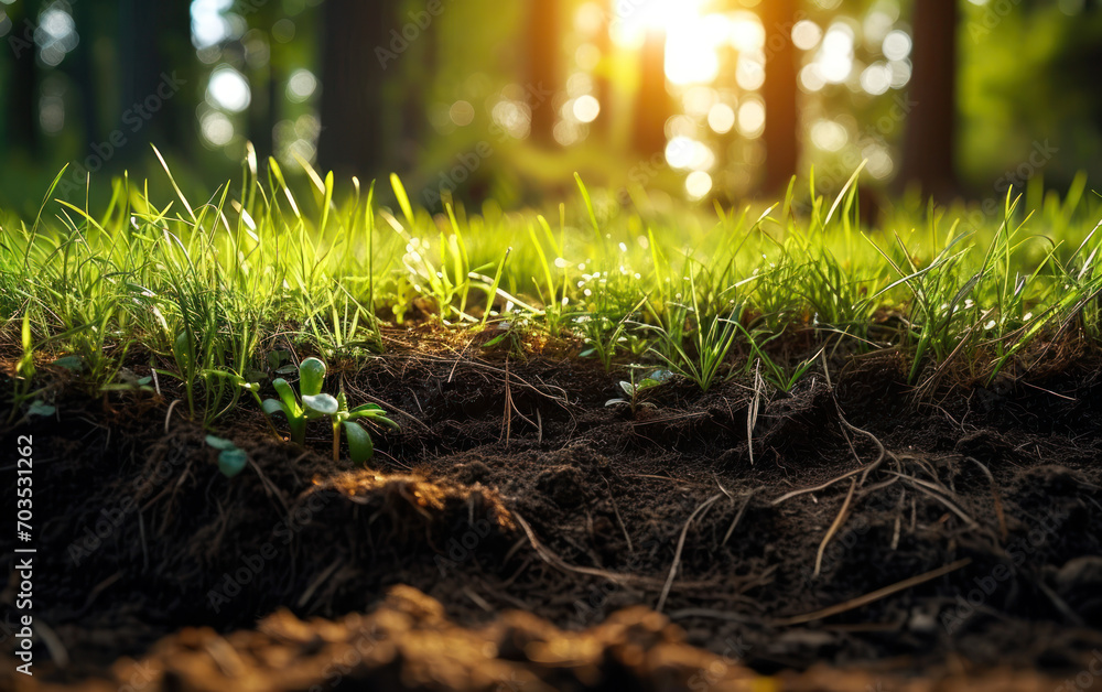 Cross-section of vibrant green grass growing on fertile soil, with a ...