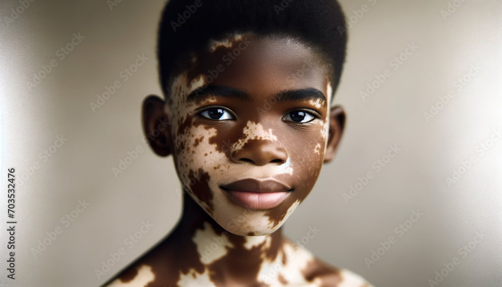 An African boy with Vitiligo, close up portrait. Vitiligo is a chronic ...