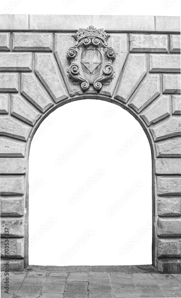 Stone wall doorway on white background. Gothic Quarter street in ...