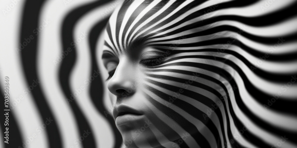 Black and white stripes run across a woman's face, side view, surreal ...