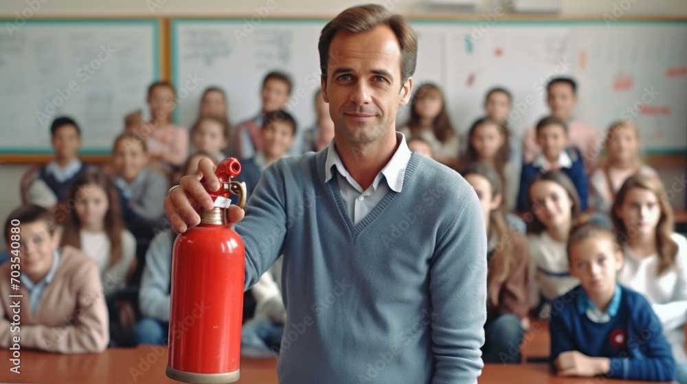 teacher using fire extinguisher in school classroom with students Stock ...