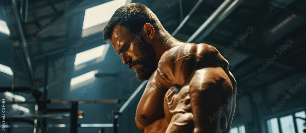 Fit white athlete models exercise in the gym. Strong bodybuilder trains ...