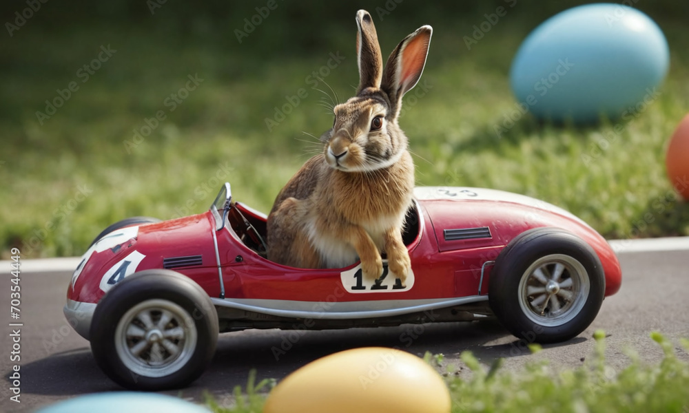A bunny on a racing car and goggles goes fast, easter concept, with ...
