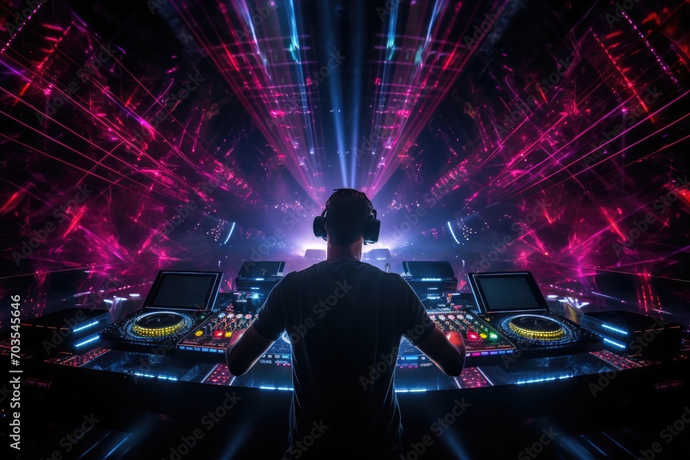 Dj mixes the track in the nightclub with colorful lights and smoke, DJ ...