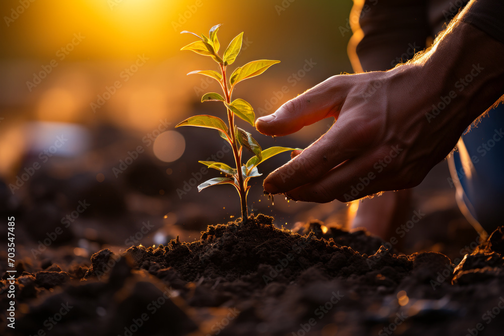 Stockfoto Hand planting young tree in the soil. Embrace the ethereal ...