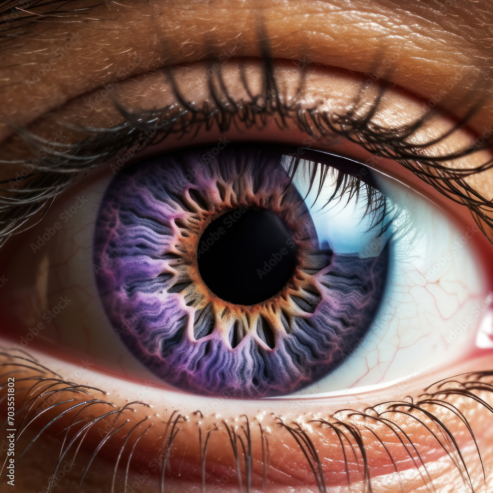 Detailed close-up of a human eye with a violet iris and visible ...