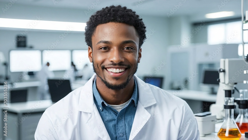 Black male scientist smiling in a well-equipped laboratory with ...