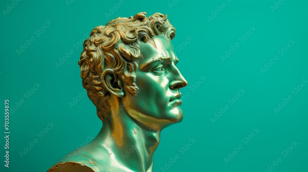 Gold antique statue of male head on a light emerald green solid ...