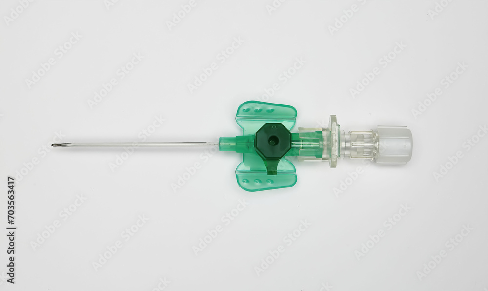 Closeup of one isolated safety IV catheter cannula needle with ...