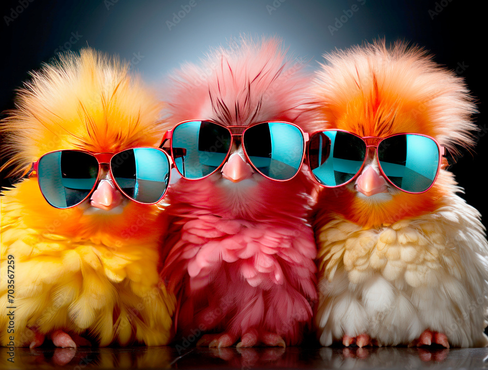 Group of colored chickens with sunglasses on black background. Collage ...