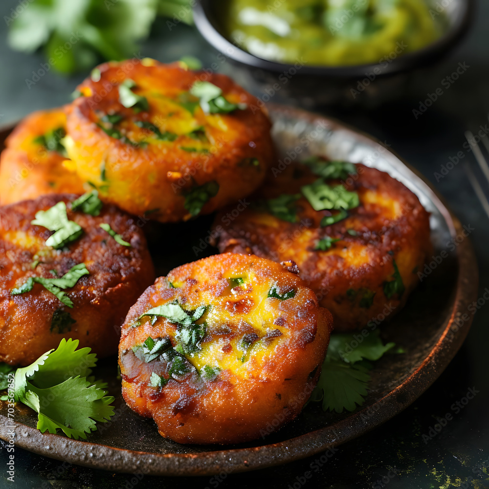 Prompt Aloo Tikki, golden and crisp, served with mint and tamarind ...