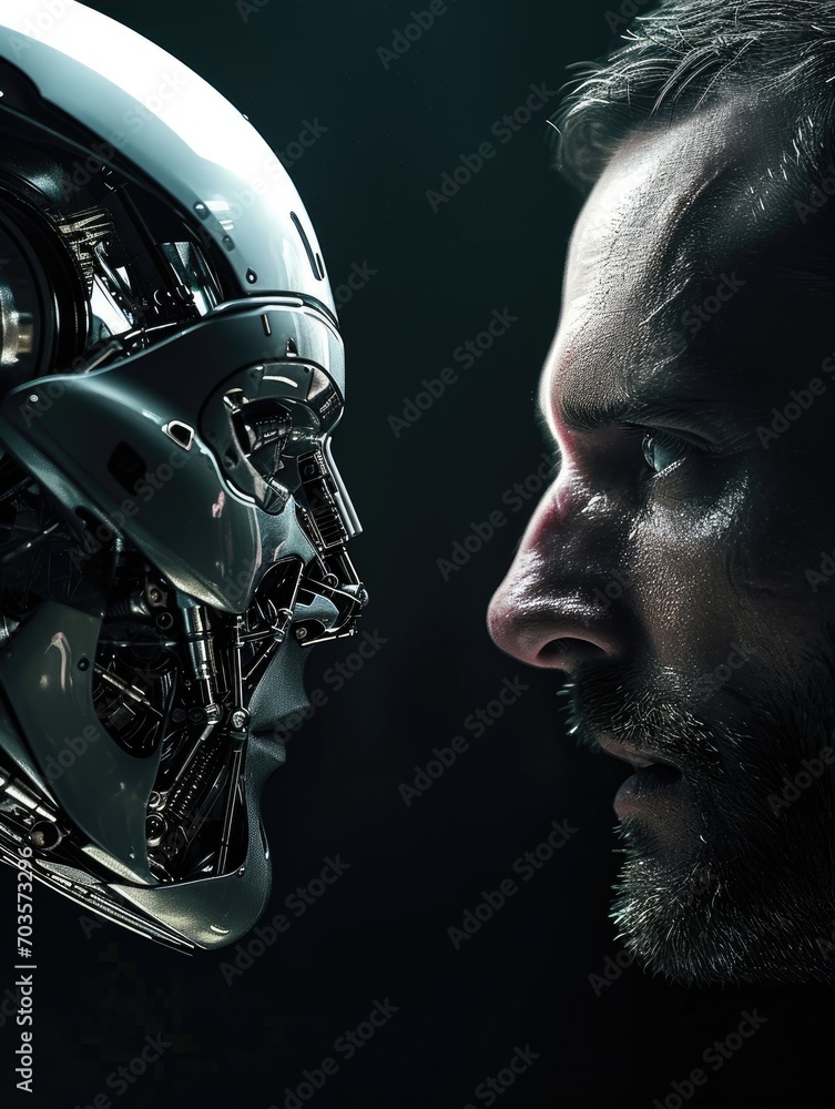 AI vs. Human: A Captivating Stare Down in Dramatic Light. Robot and ...