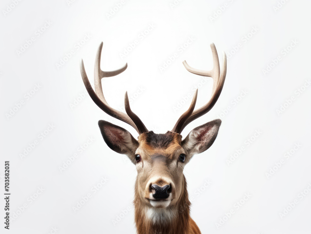 Closed brown deer face with towering antlers isolated on white ...