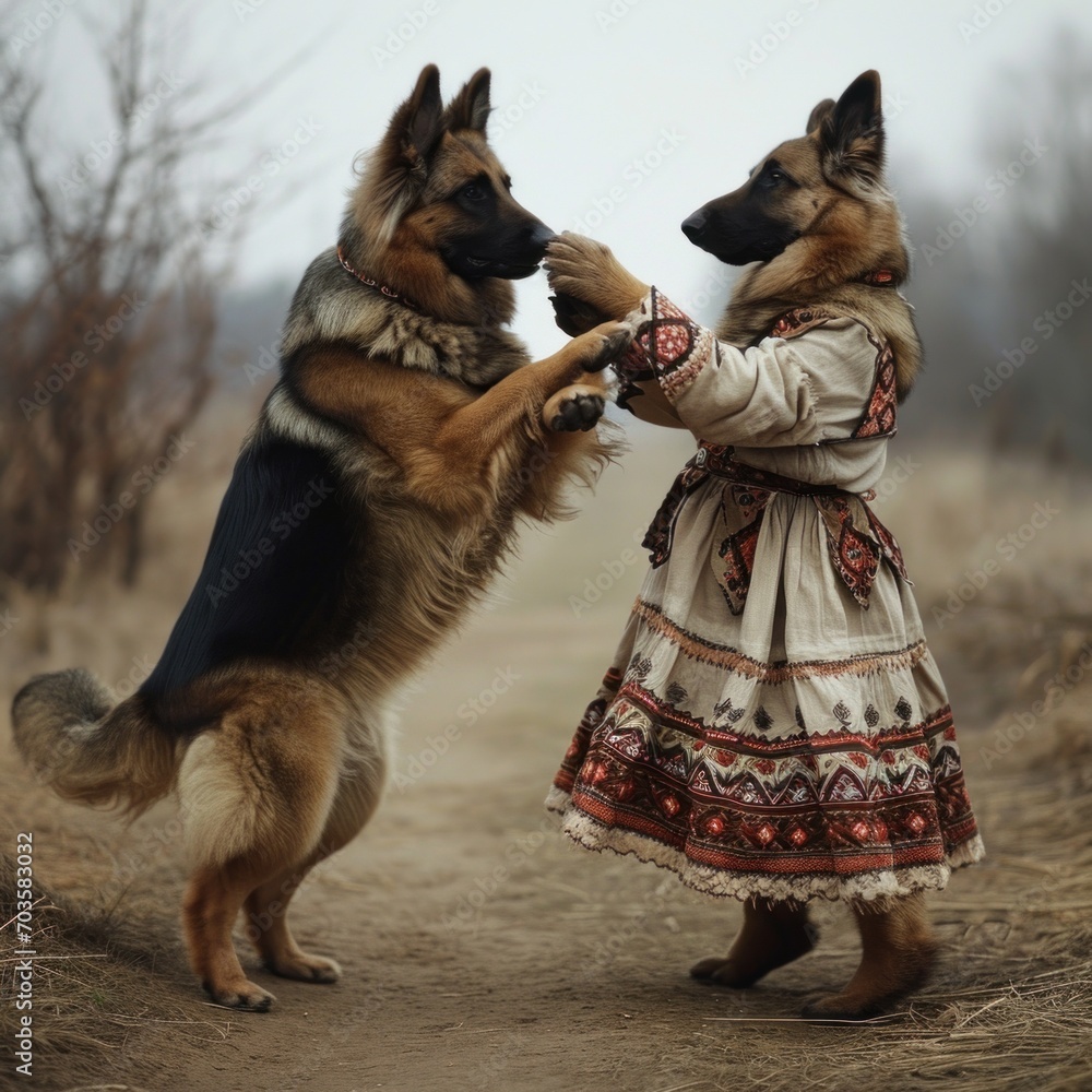 An endearing scene of two German Shepherds dressed in traditional ...