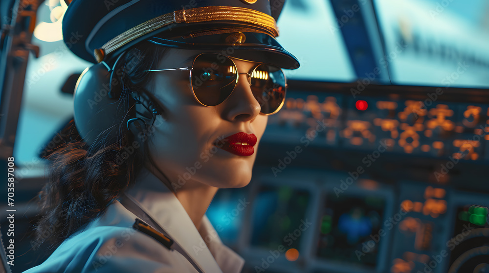 Portrait photos of beautiful woman pilot. Wearing sunglasses, captain ...