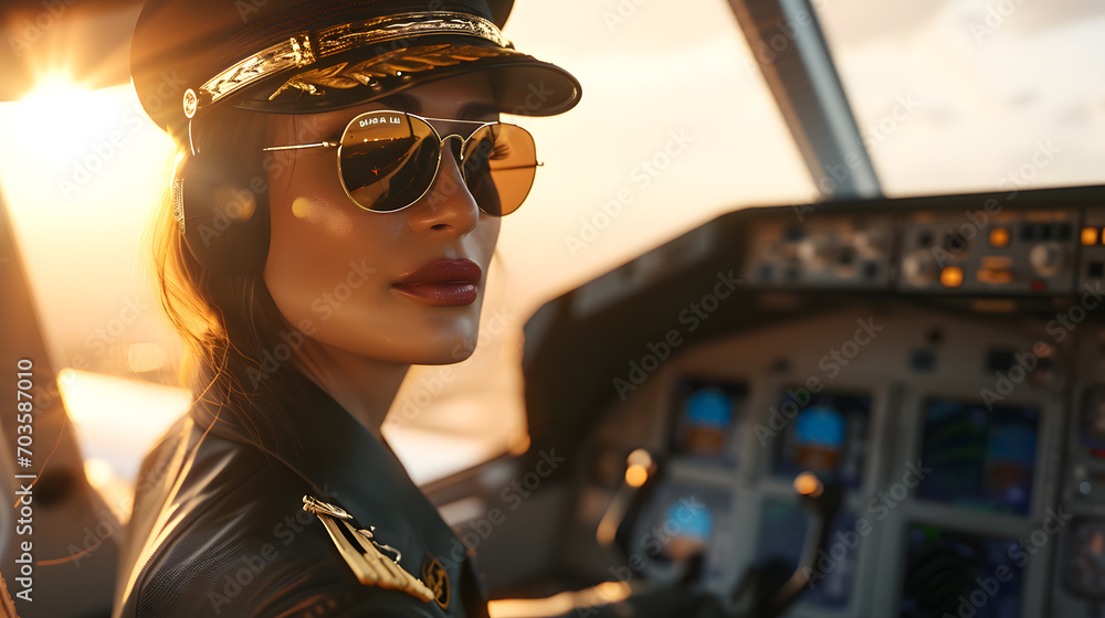 Portrait photos of beautiful woman pilot. Wearing sunglasses, captain ...