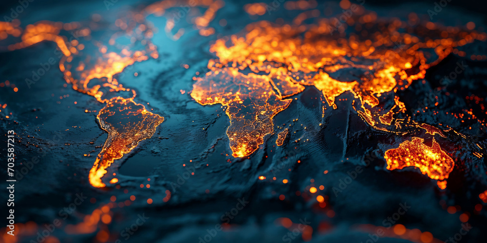Dark world map, full covered with oil and carbon, burned and destroyed ...