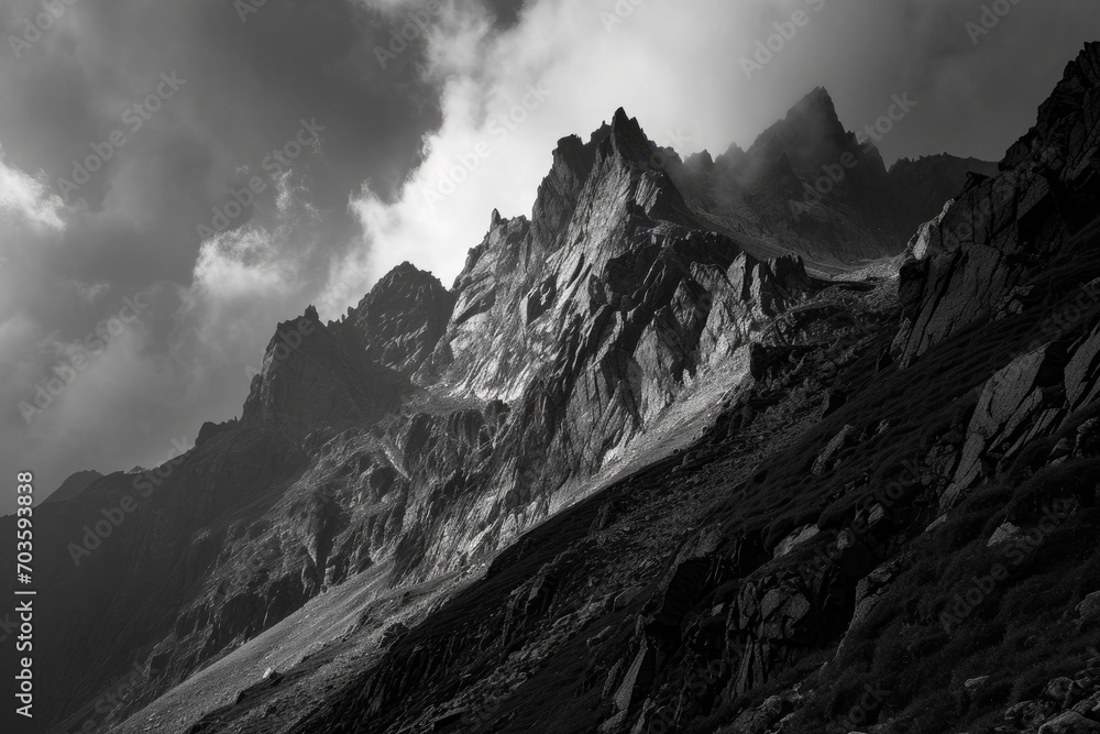 An ethereal fog envelops the rugged terrain, obscuring the majestic ...