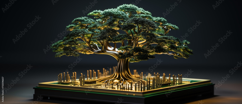 Ein Baum, der aus dem Prozessor einer Computerplatine sprießt ...