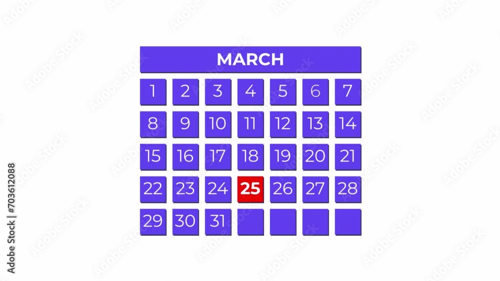 25th March calendar icon animation. Alpha matte with transparent ...