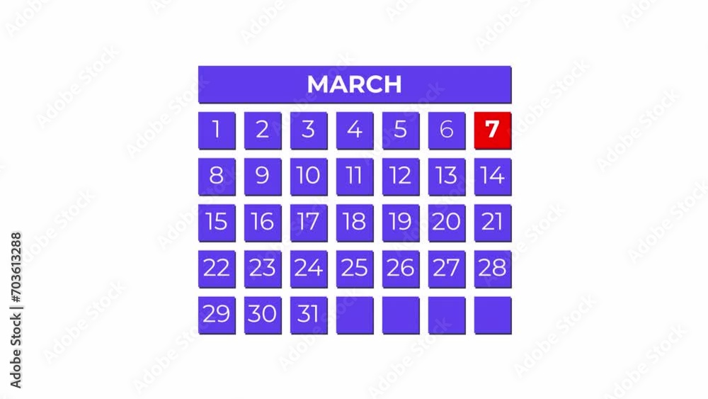 7th March calendar icon animation. Alpha matte with transparent ...