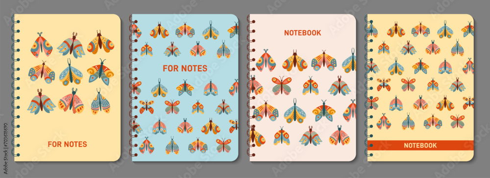 Butterfly and moth notebook cover mystical boho set. Retro bohemian ...