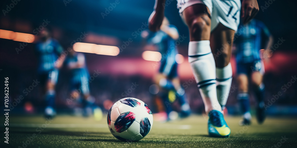 Athlete in Action. Footballer Running and Dribbling Ball Stock Photo ...