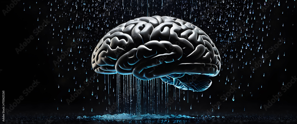 Raindrops on the brain in the abyss. Water droplets falling upwards on ...