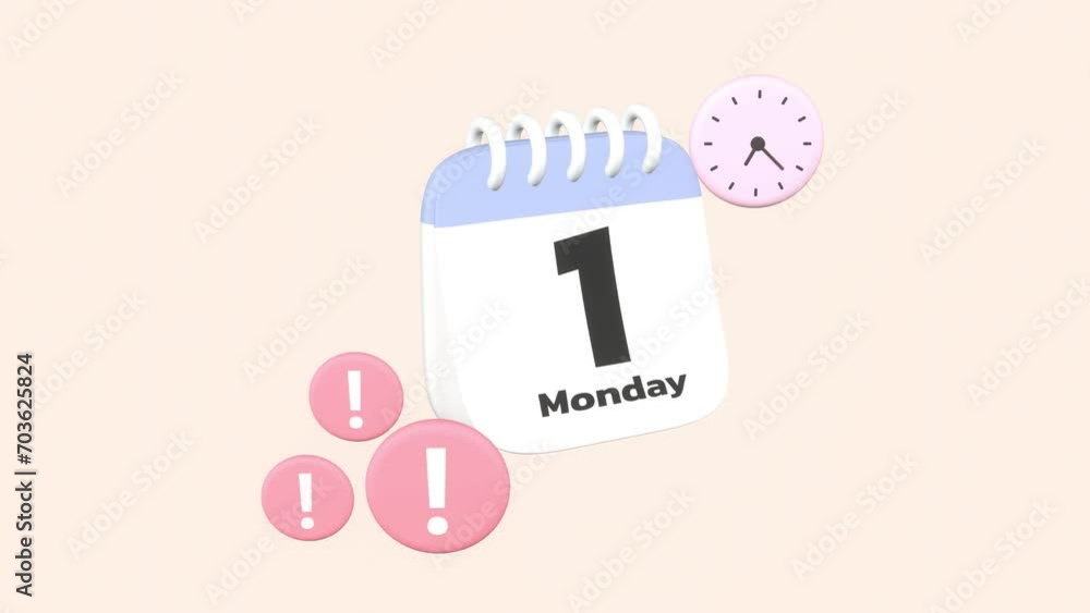 Animated calendar showing it's a Monday with clock and exclamation mark ...