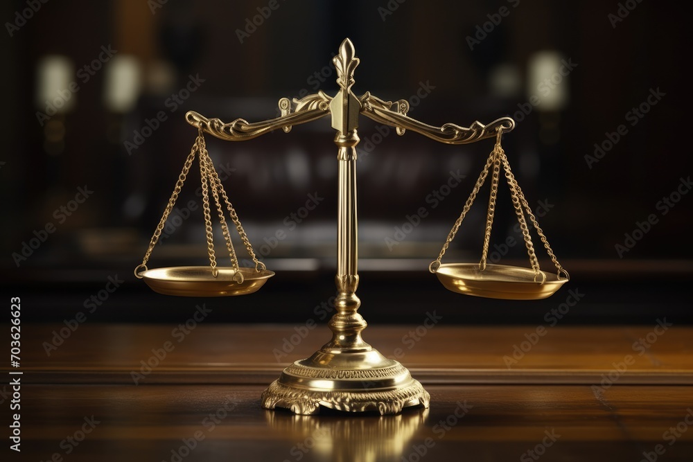 An image of scales of justice placed on a wooden table. Serving as ...
