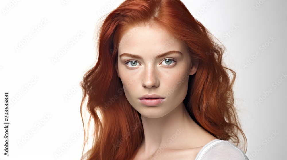 Serious portrait of red head woman on simple white background isolated ...