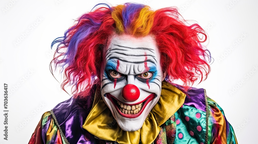 Scary crazy looking maniac killer clown with make-up and big red nose ...