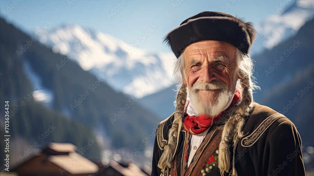 Old swiss man in the alps wearing traditional swiss cultural clothing ...