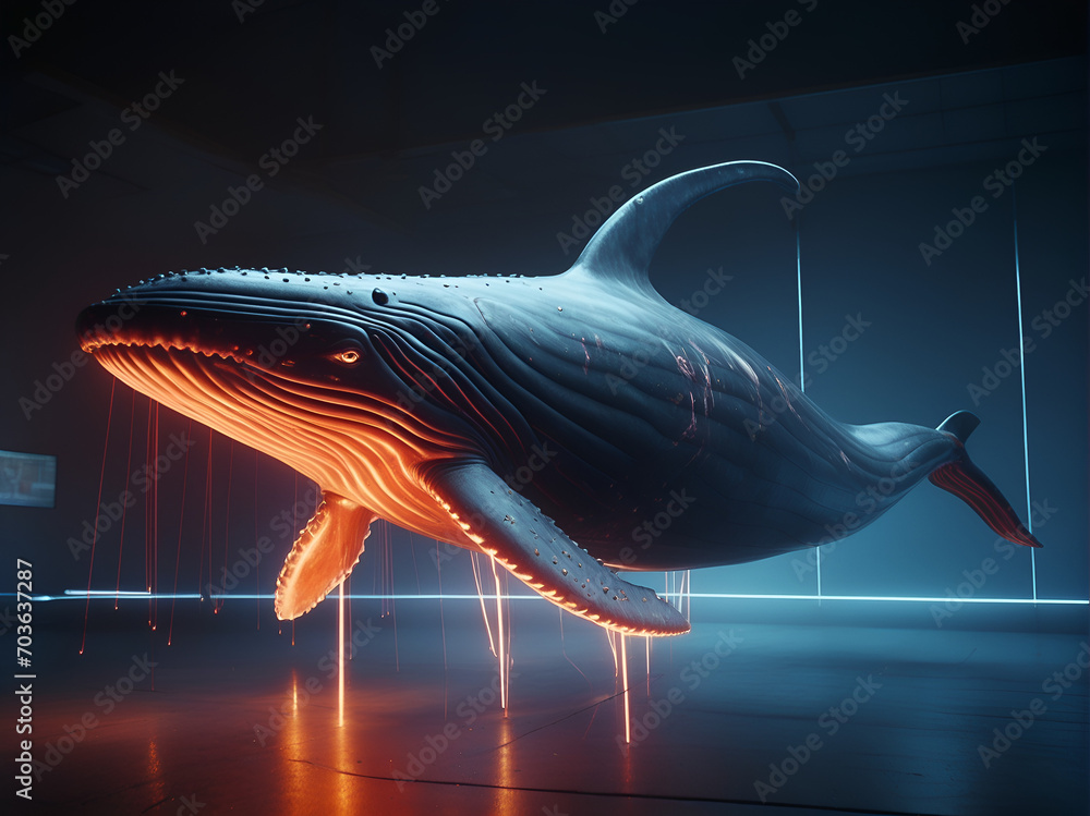 Whale with neon laser in space, multiverse in motion merging 2D and 3D ...