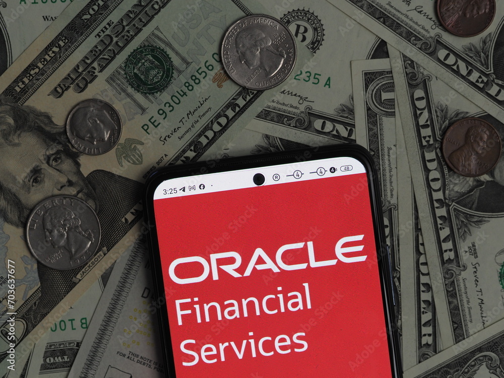 In this photo illustration, a Oracle Financial Services Software ...