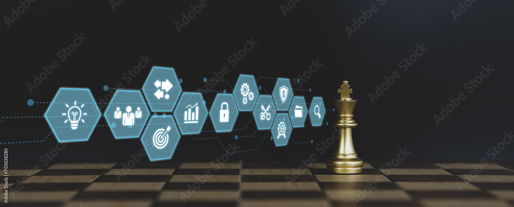 King chess with leadership strategy icons for wining challenge on ...