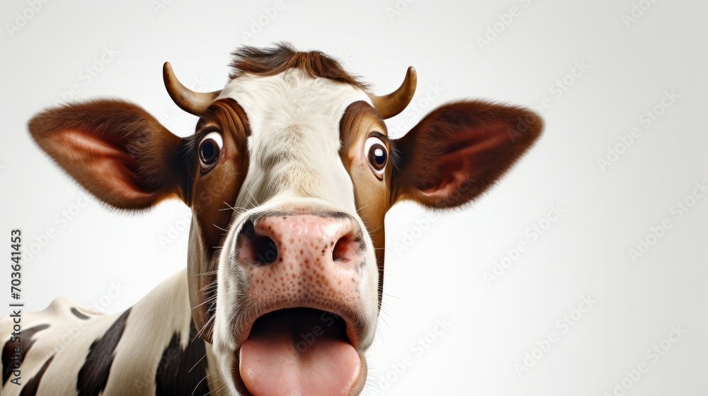 Surprised cow with goofy face mooing and looking at camera, isolated on ...