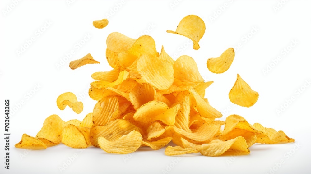 Crispy Potato chips fly out of yellow bag isolated on white background ...