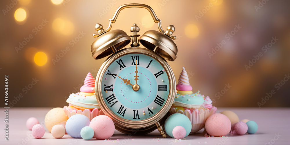 Pastel sweets pour from a vintage clock, suggesting sweet moments are ...