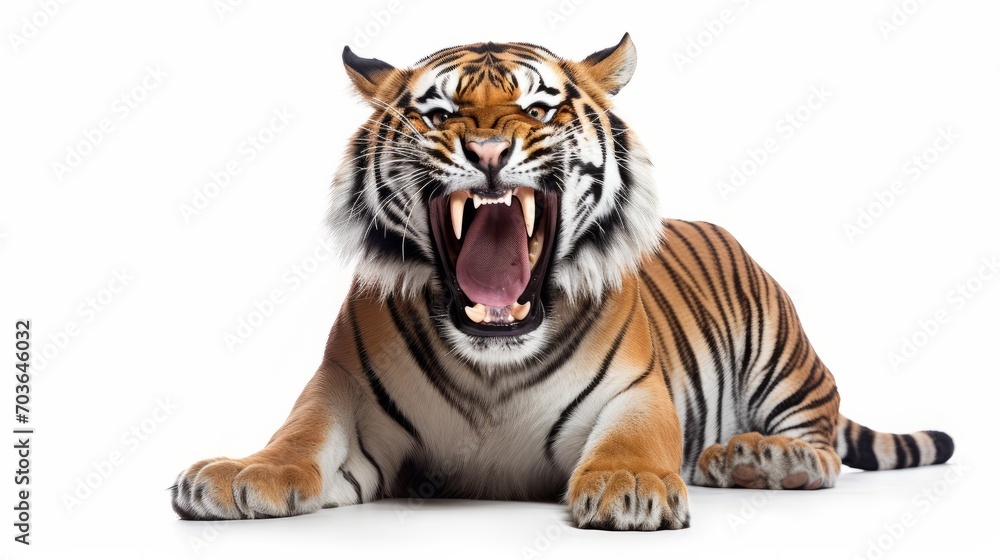 Aggressive, baring fangs, tiger isolated on a white background isolated ...