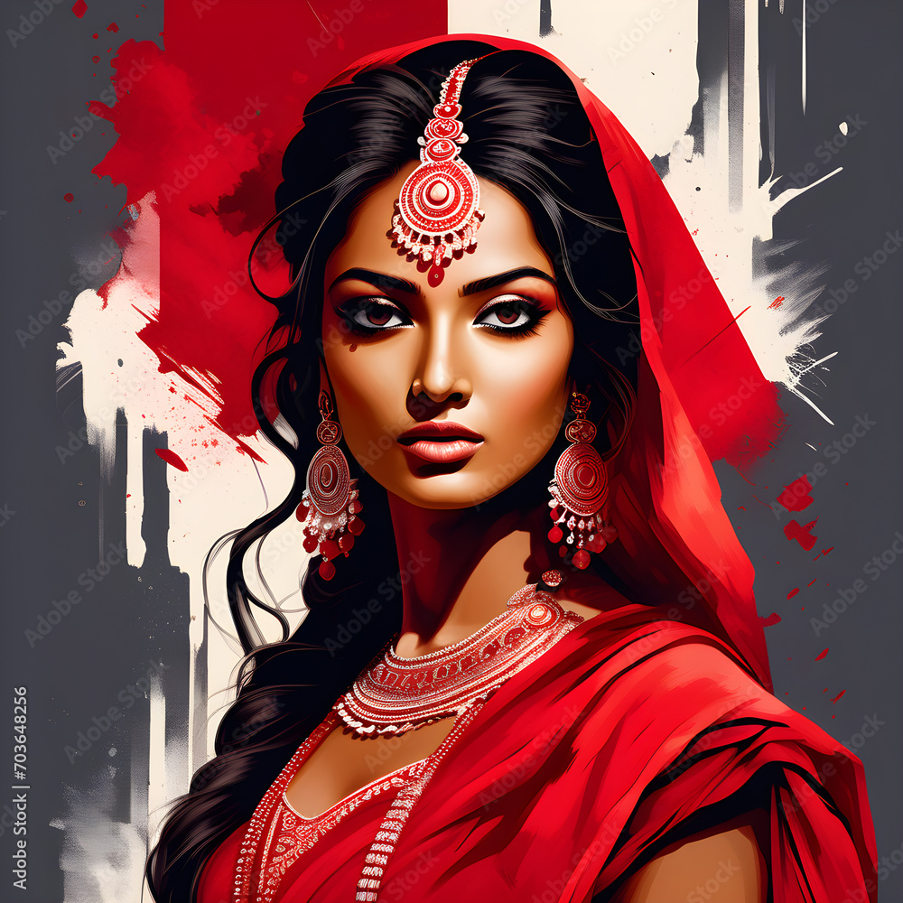 Native american red indian woman with feathers in profile, vector flat ...