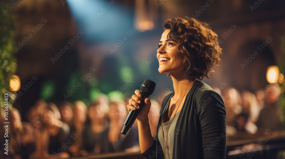 Foto de Confident female speaker with microphone engaging audience in ...