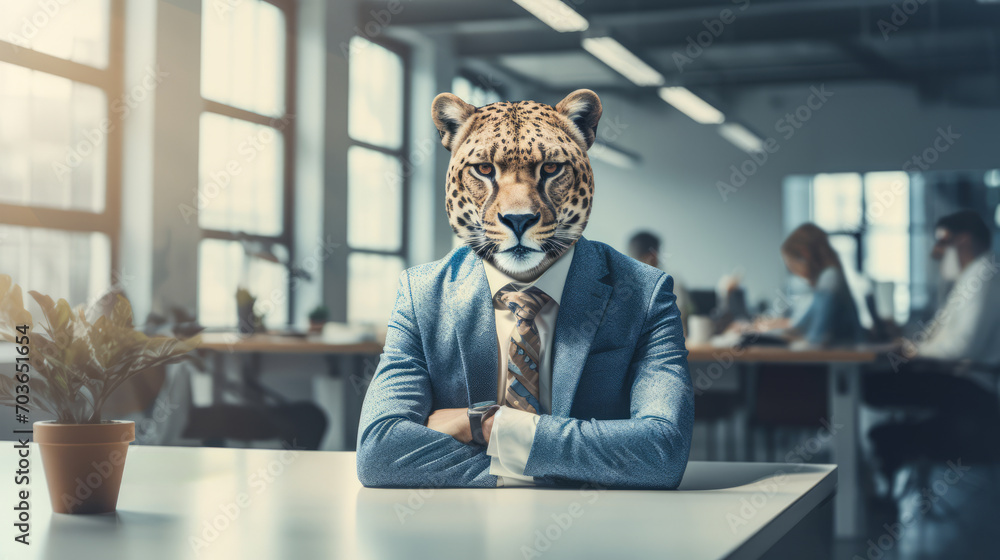 Cheetah in blue suit at office depicts agility in business, modern ...