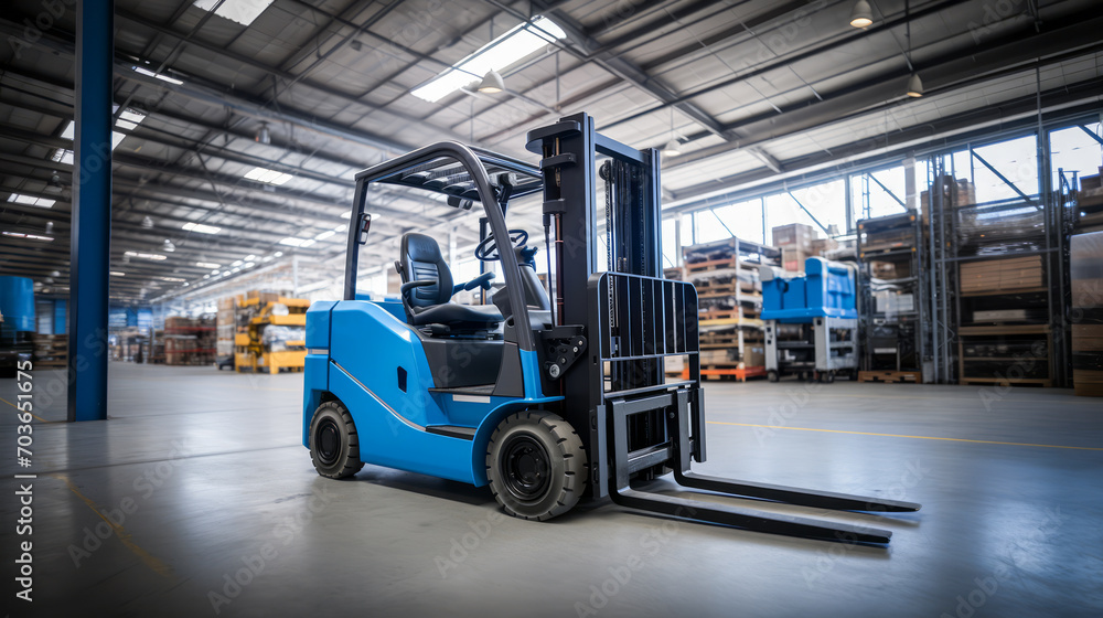 Blue forklift parked in a spacious industrial warehouse with pallets ...