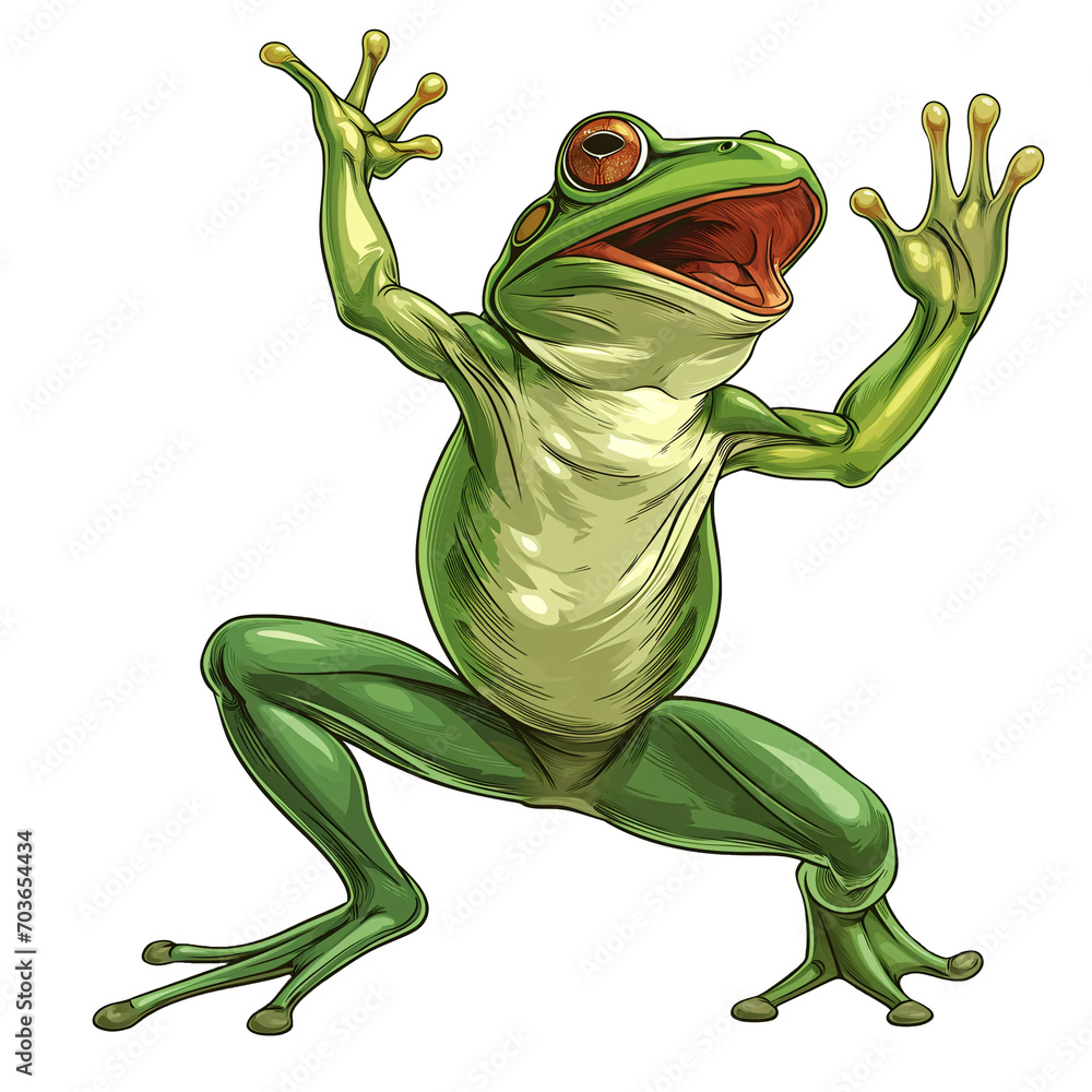 grüner lustiger Frosch stehend in freudiger Pose mit starker Gestik ...